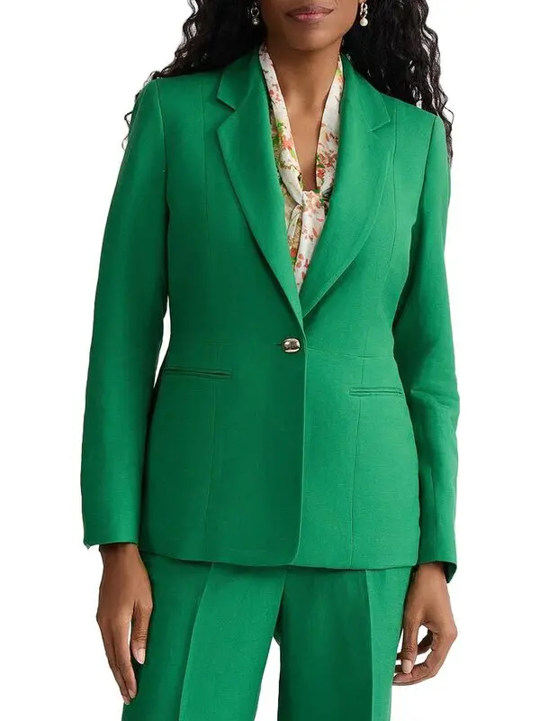 KASPER One-button Linen Blend Peplum Blazer - Lush Green