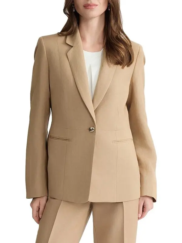 KASPER One-button Linen Blend Peplum Blazer - Toasted Wheat