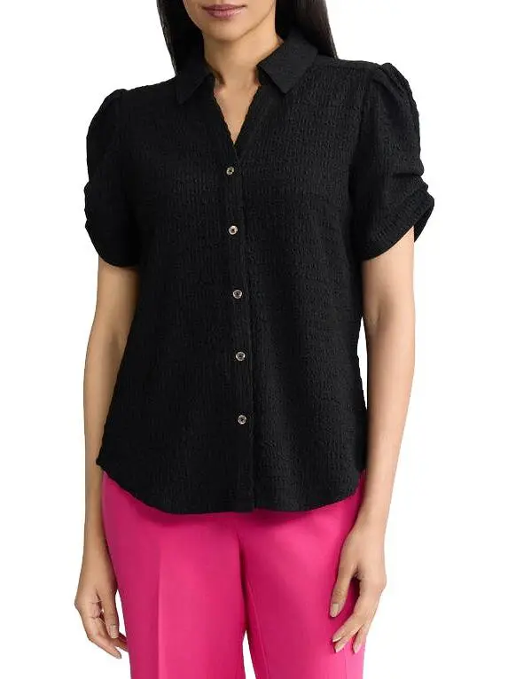 KASPER Pleat Sleeve Ridge Knit Button-up Shirt - Black