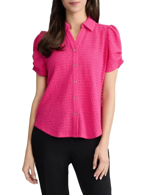 KASPER Pleat Sleeve Ridge Knit Button-up Shirt - Pink Perfection