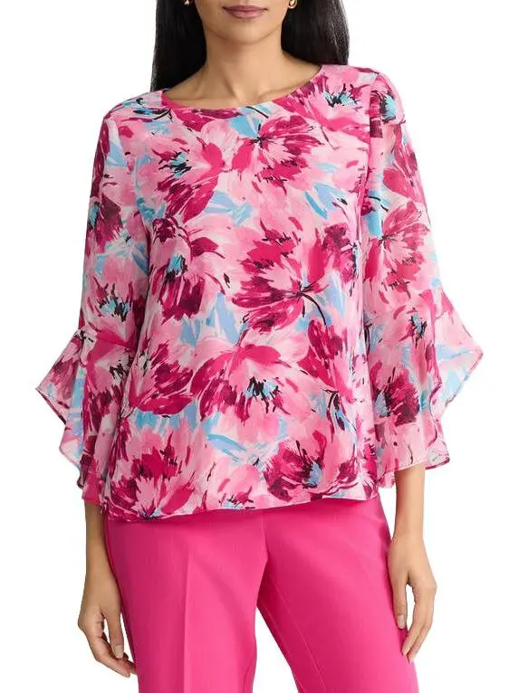 KASPER Floral Print Flutter Sleeve Top - Lily White Multi