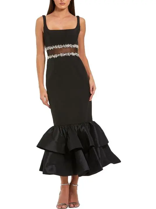 Mac Duggal Satin Gown With Pearl Neckline And Bow Detail - Black