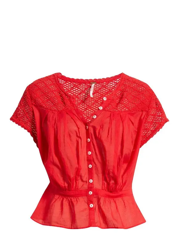 Free People Embroidered Button-up Babydoll Top - High Risk Red
