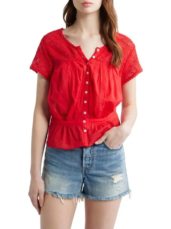 Free People Embroidered Button-up Babydoll Top - High Risk Red