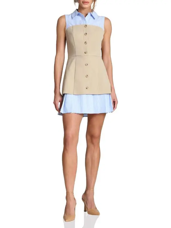Avec Les Filles Sleeveless Mixed Media Shirtdress - Khaki And Blue Stripe