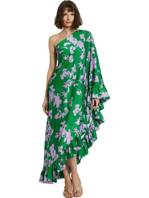 Mac Duggal Floral Charmeuse One Shoulder Draped Gown - Green Multi