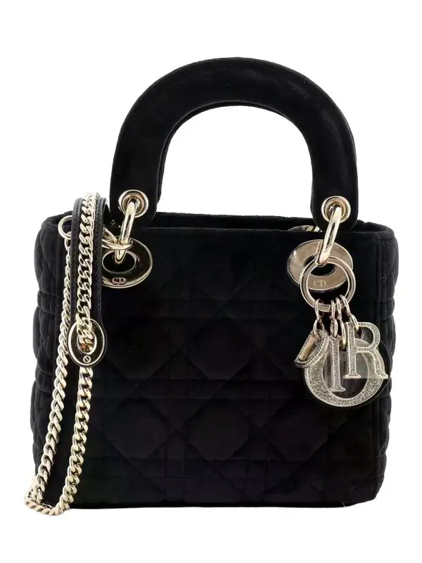 Dior Lady Cannage Quilt Velvet Chain Bag With Crystal Charms - Black