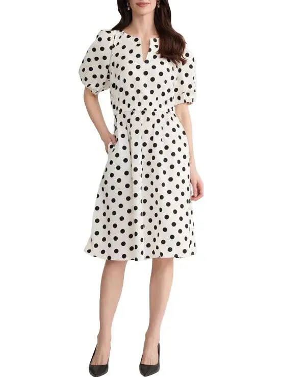 KASPER Polka Dot Puff-sleeve Dress - Lily White/black