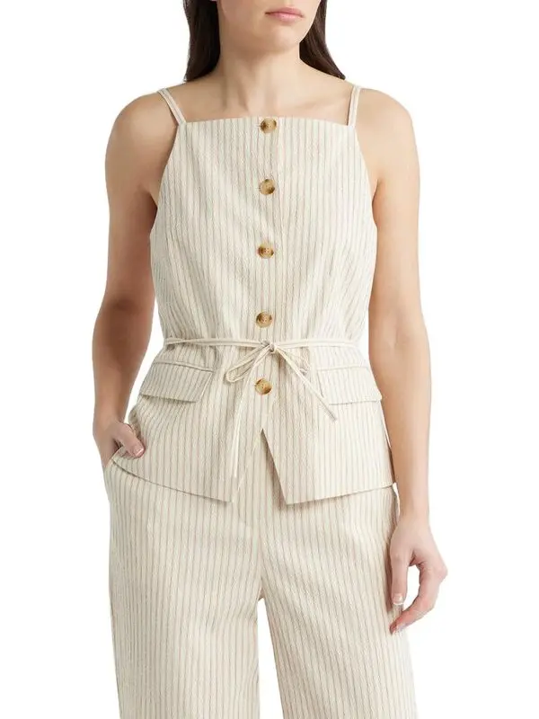 Bernardo Pinstripe Tie Waist Top - Ivory/gold Oak Stripe