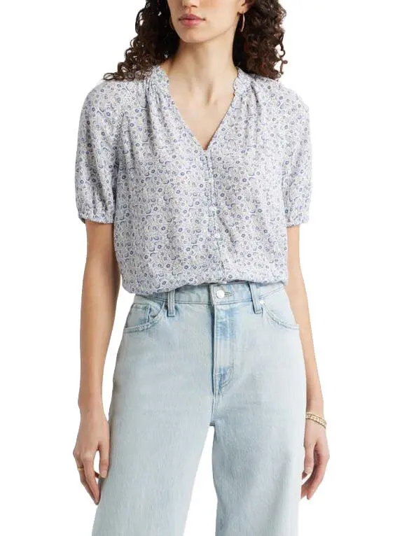 Treasure & Bond Floral Button-up Top - Ivory- Blue Lace Ditsy