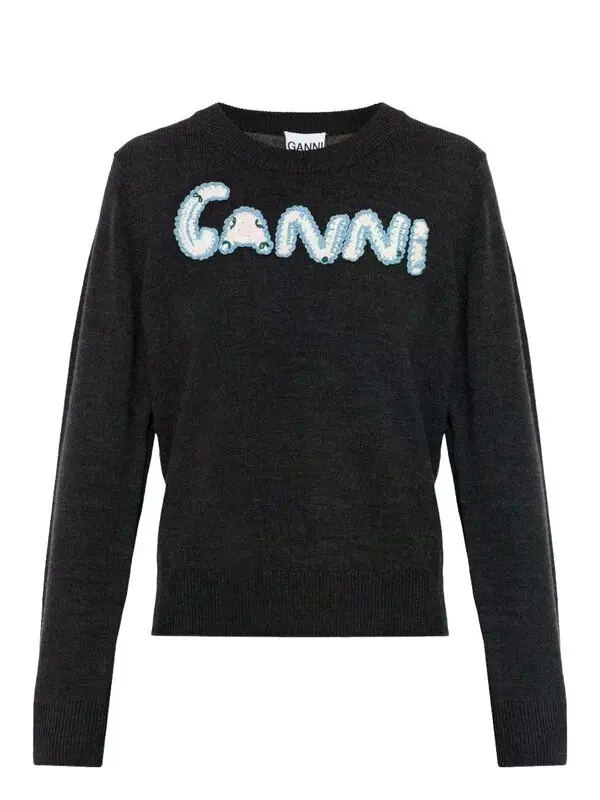 GANNI Appliqué Crew Neck Knitwear - Grey