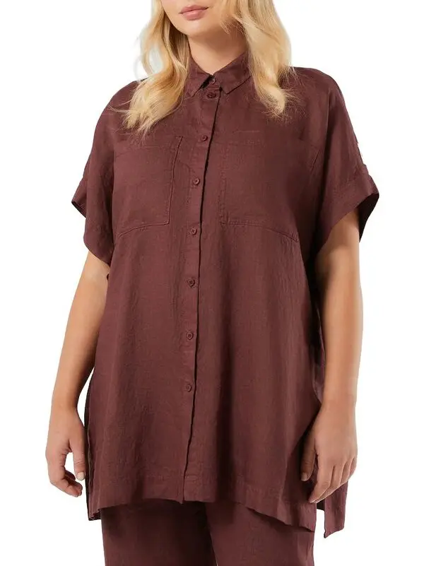 Marina Rinaldi Linen Canvas Button-up Tunic - Bordeaux