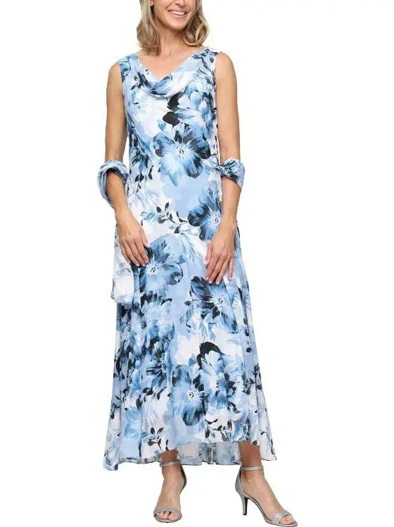 Alex Evenings Floral Burnout Chiffon Gown With Shawl - Blue Hydrangea Multi