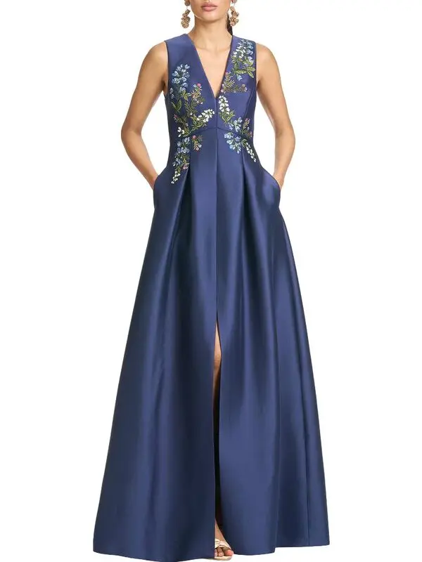 Sachin & Babi Embroidered Floral Mikado Gown - Washed Indigo