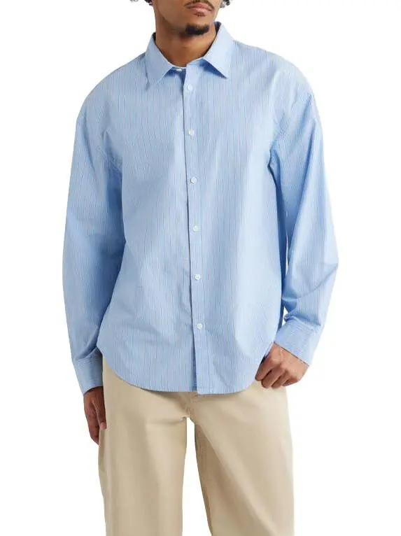 Bp. Oversize Cotton Button-up Shirt - Blue Dual Stripe