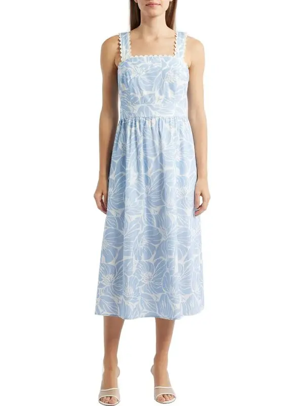 Sam Edelman Palm Print Stretch Cotton Midi Dress - Light Blue