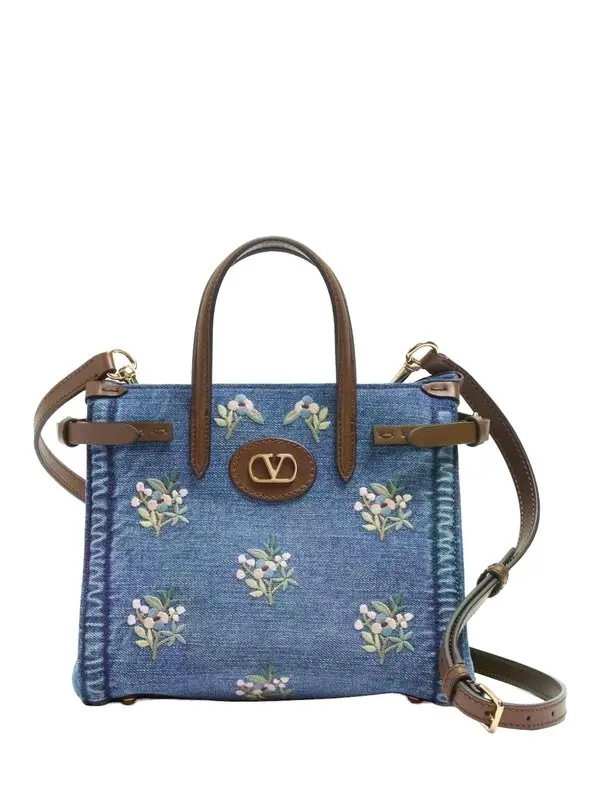 Valentino Garavani Antibes Small Embroidered Denim Shopping Bag - Blue