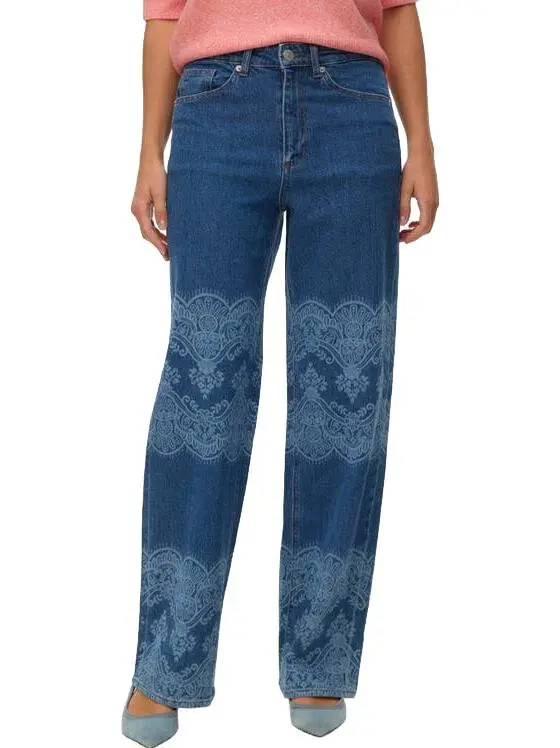Vero Moda High-waist Laser Print Wide-leg Jeans - Medium Blue Denim Laser Lace