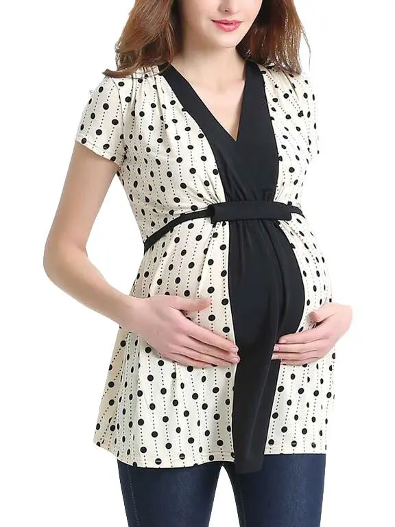 KIMI + KAI Maternity Nursing Polka Dot Top - Beige