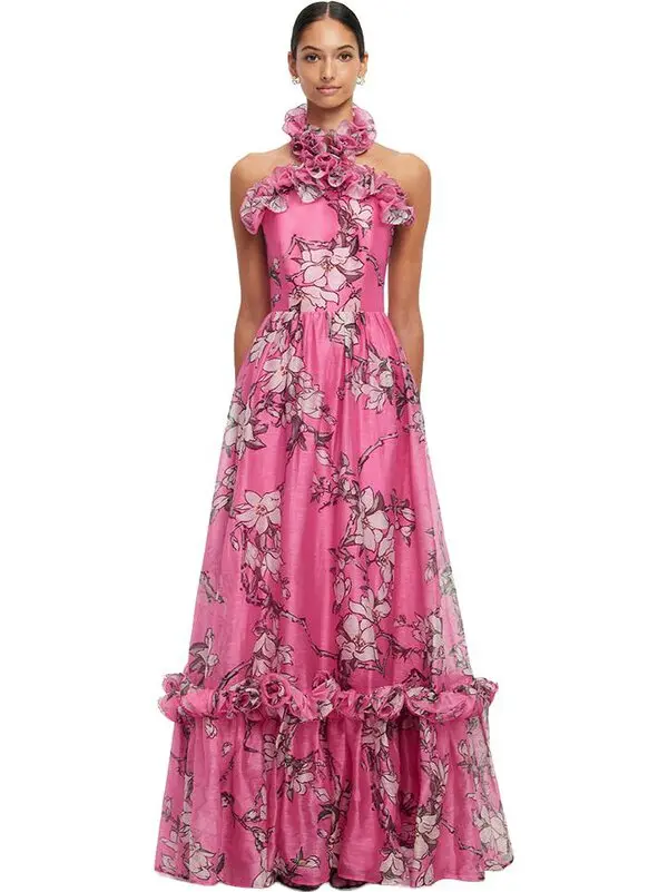 LEO LIN Isabelle Ruffled Halterneck Maxi Dress - Pink Magnolia Print