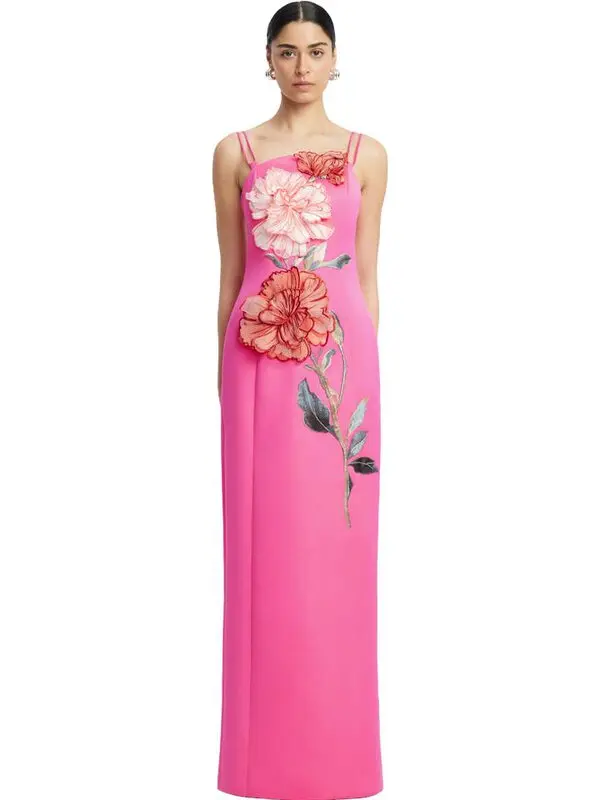 LEO LIN Arianna Appliqué Floral Maxi Dress - Peony Print In Fuchsia