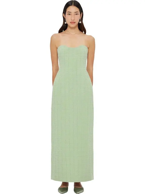LEO LIN Zayna Tweed Bustier Maxi Dress - Caledon Green