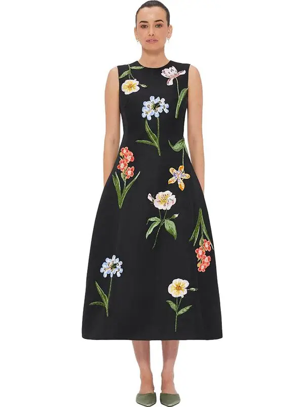 LEO LIN Cleo Embroidered Sleeveless Midi Dress - Botanical Print In Ebony