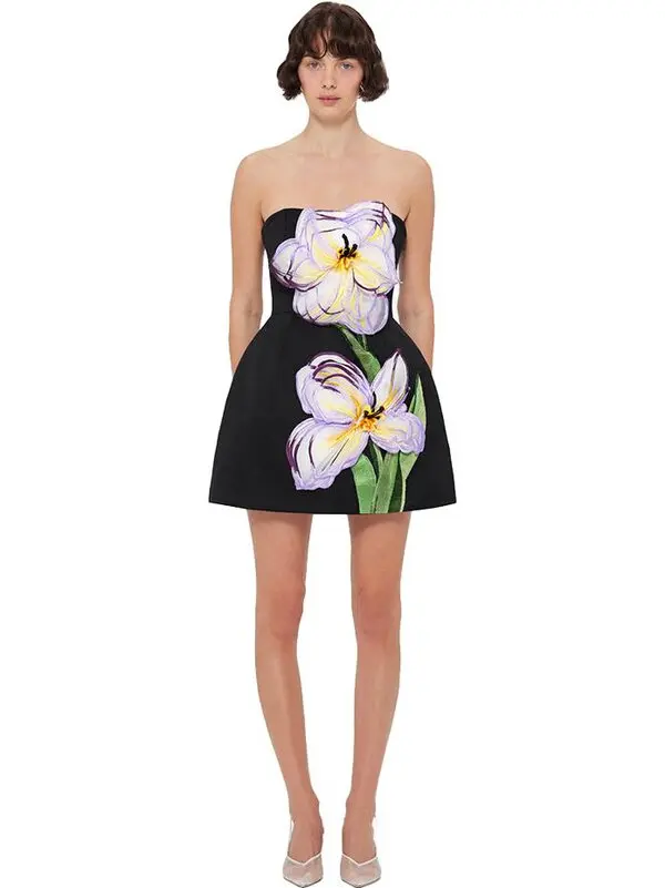 LEO LIN Rosario Appliqué Floral Bustier Mini Dress - Iris Print In Ebony