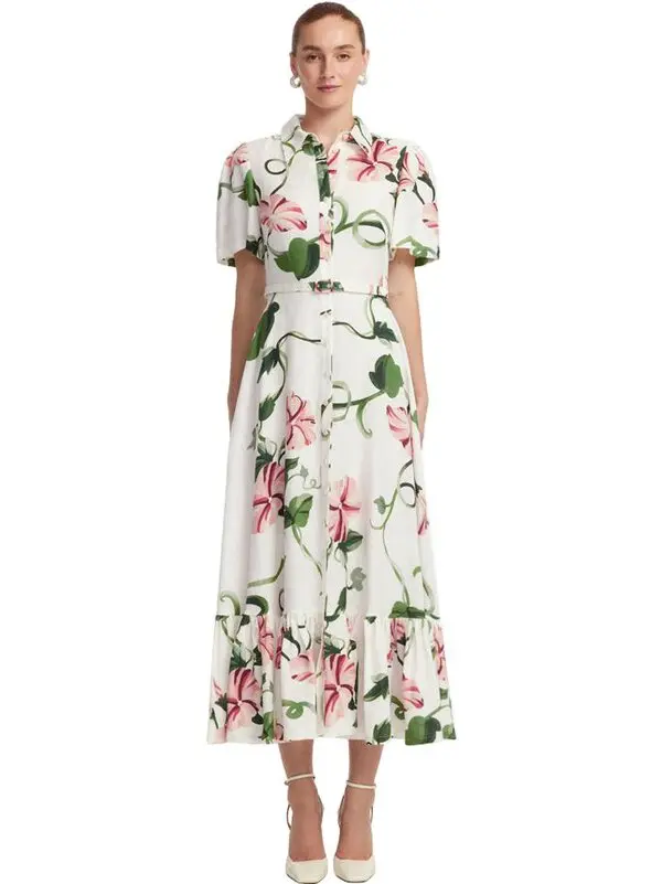 LEO LIN Becca Short Sleeve Midi Dress - Vine Print In Snow