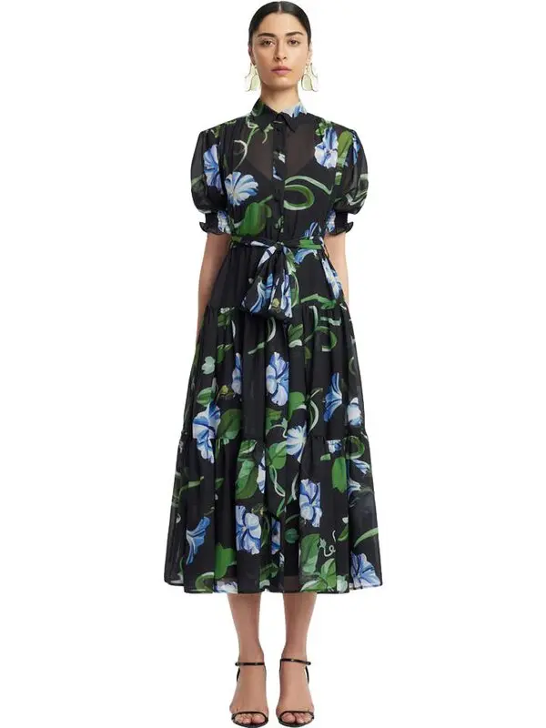 LEO LIN Ellie Bishop Sleeve Midi Dress - Vine Print In Ebony