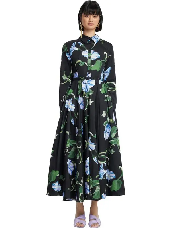 LEO LIN Zara Shirt Midi Dress - Vine Print In Ebony
