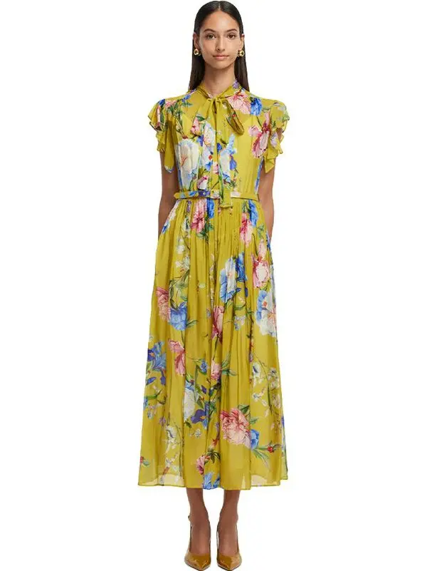 LEO LIN Grace Flutter Sleeve Midi Dress - Garden Print In Mustard