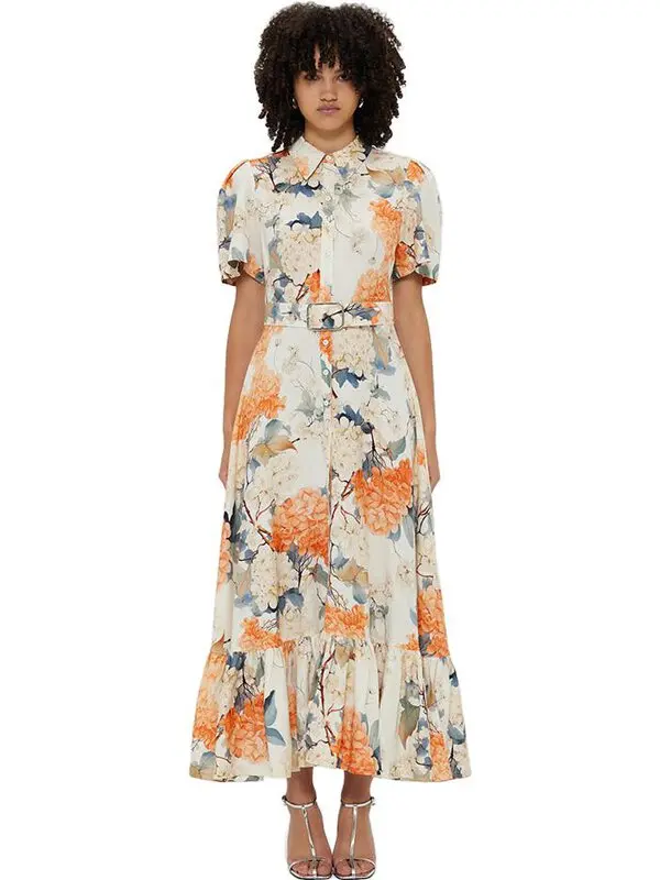 LEO LIN Floral Print Midi Dress - Hydrangea Print In Vanilla