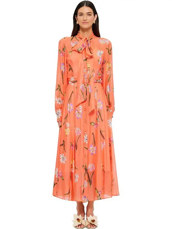 LEO LIN Liliane Tie Neck Midi Dress - Wild Flower In Coral