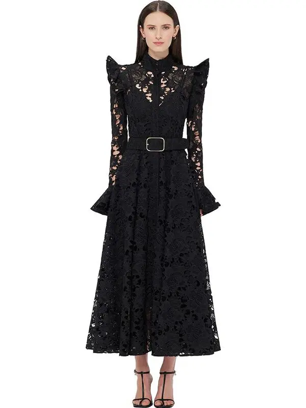 LEO LIN Aliyah Lace Butterfly Sleeve Midi Dress - Ebony