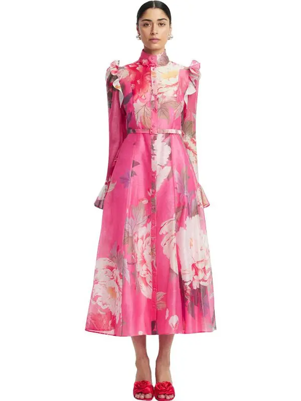 LEO LIN Katrina Butterfly Sleeve Midi Dress - Peony Print In Fuchsia