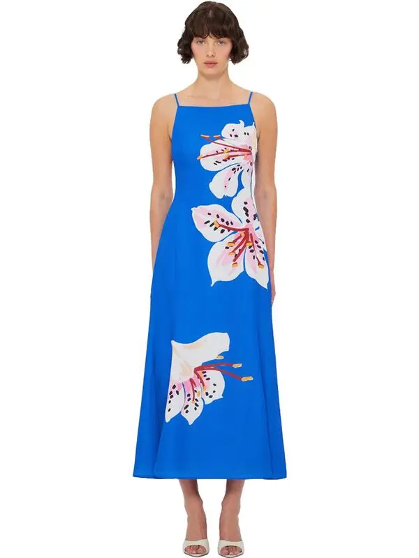LEO LIN Regina Midi Dress - Lily Print In Cobalt