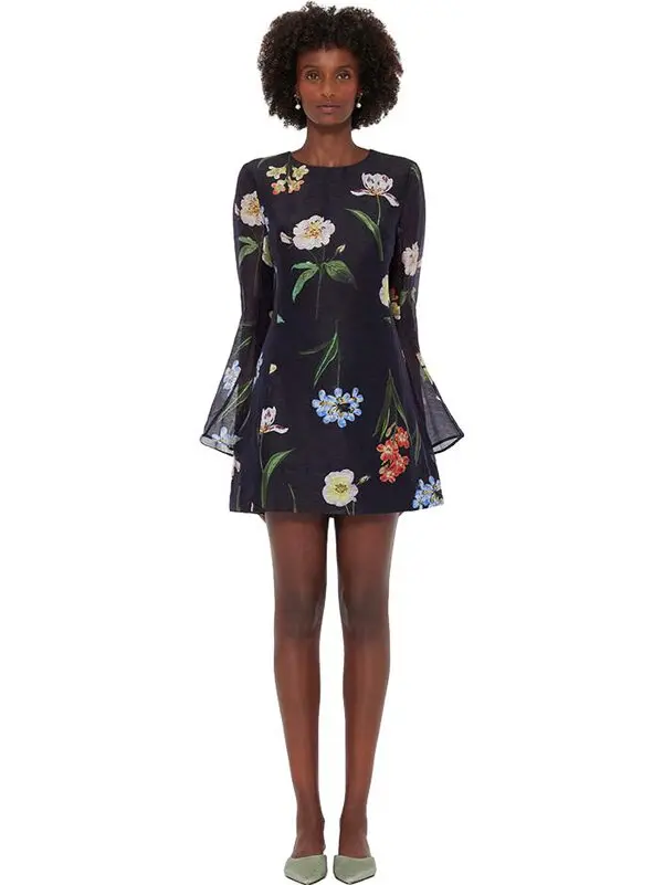LEO LIN Suzanne Bell Sleeve Mini Dress - Botanical Print In Ebony