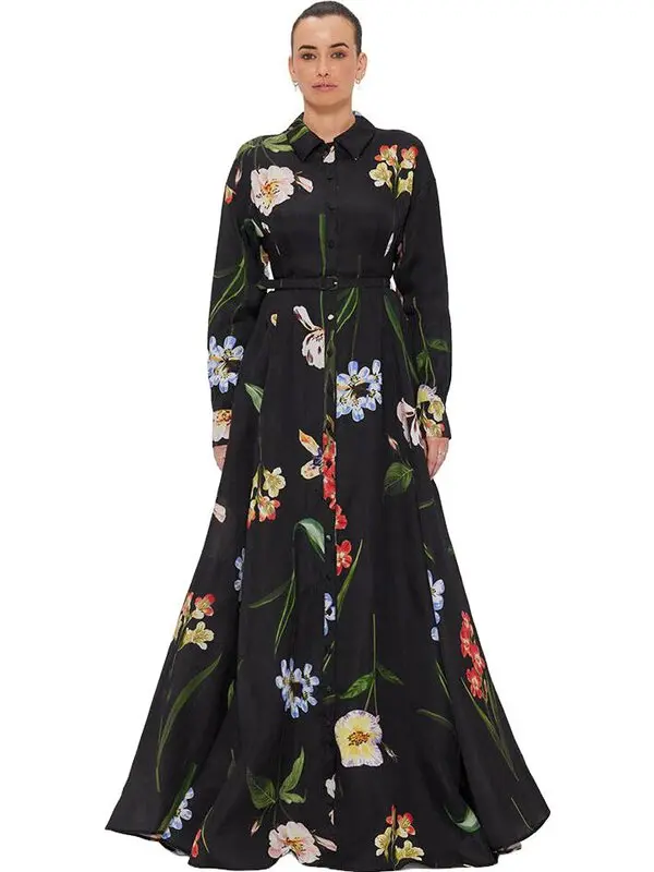 LEO LIN Josephine Silk Gown - Botanical Print In Ebony