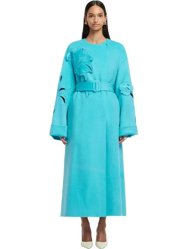 LEO LIN Celestine Appliqué Wool Coat - Aqua