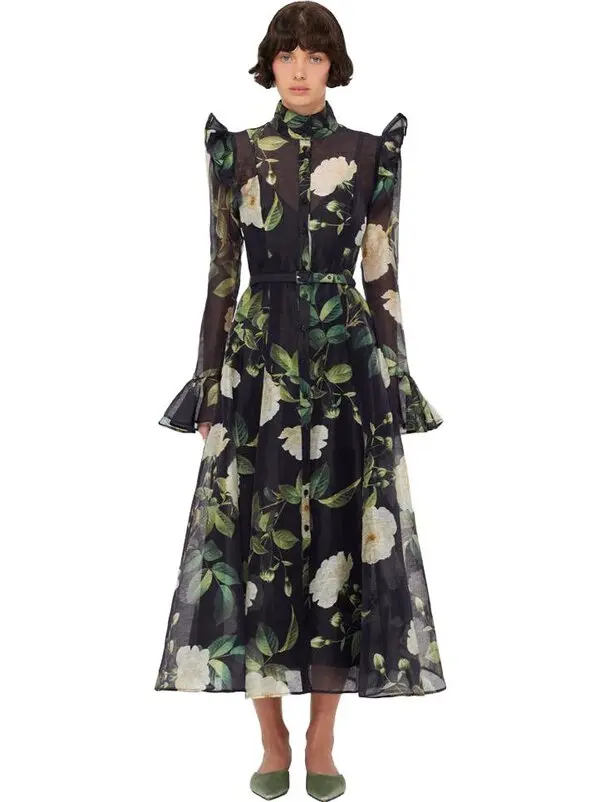 LEO LIN Katrina Butterfly Sleeve Midi Dress - White Rose Print