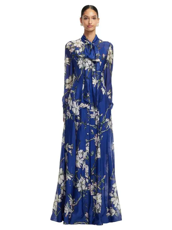 LEO LIN Lilith Tie Neck Maxi Dress - Midnight Magnolia Print