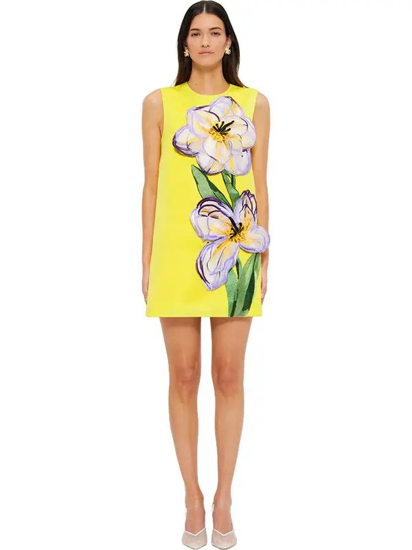 LEO LIN Yvonne Appliqué Floral Mini Dress - Iris Print In Yellow