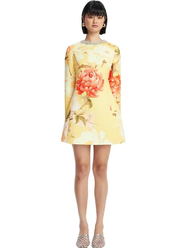LEO LIN Aliza Embellished Mini Dress - Peony Print In Yellow
