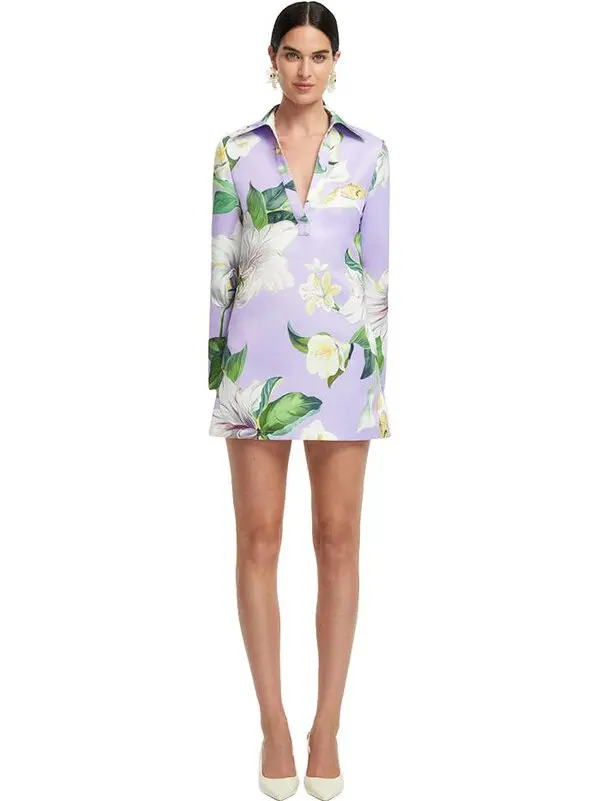 LEO LIN Acacia Shirt Mini Dress - Lily Blossom Print In Lilac