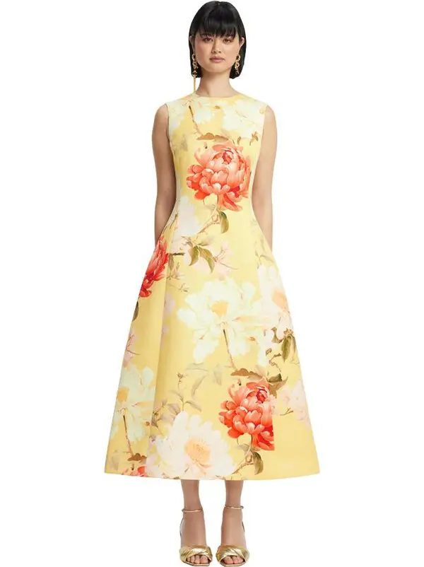 LEO LIN Cleo Sleeveless Midi Dress - Peony Print In Yellow