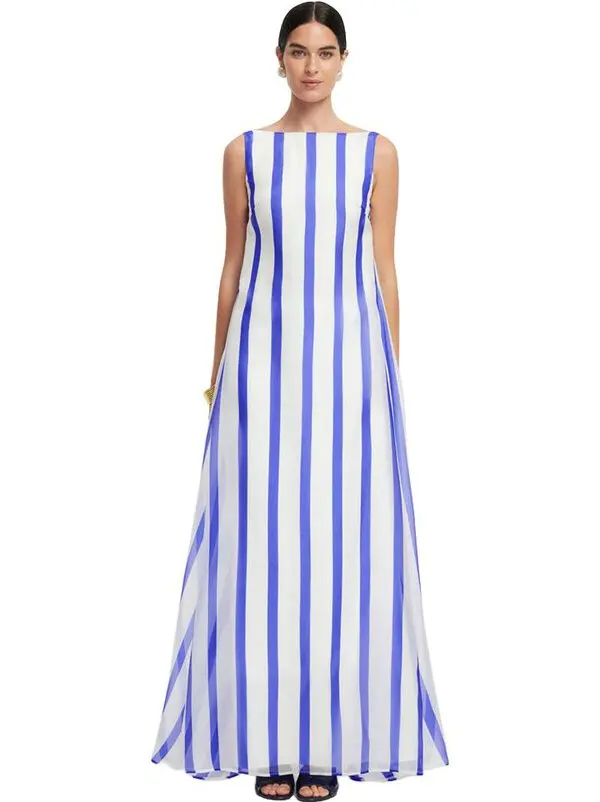 LEO LIN Striped Open Back Gown - Navy