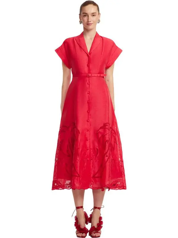 LEO LIN Aubrey Palm Shirt Midi Dress - Scarlet