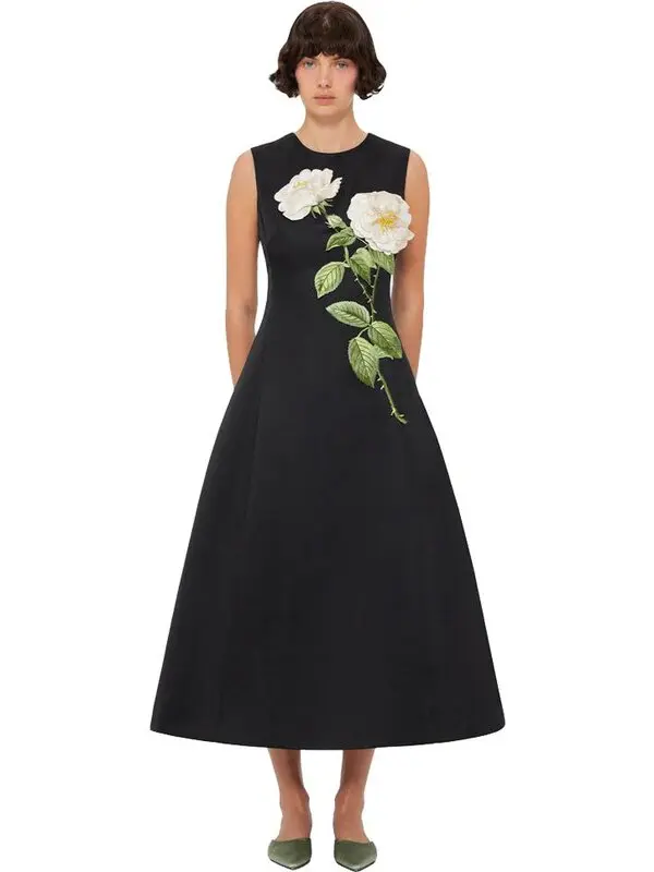 LEO LIN Embellished Sleeveless Midi Dress - White Rose Print