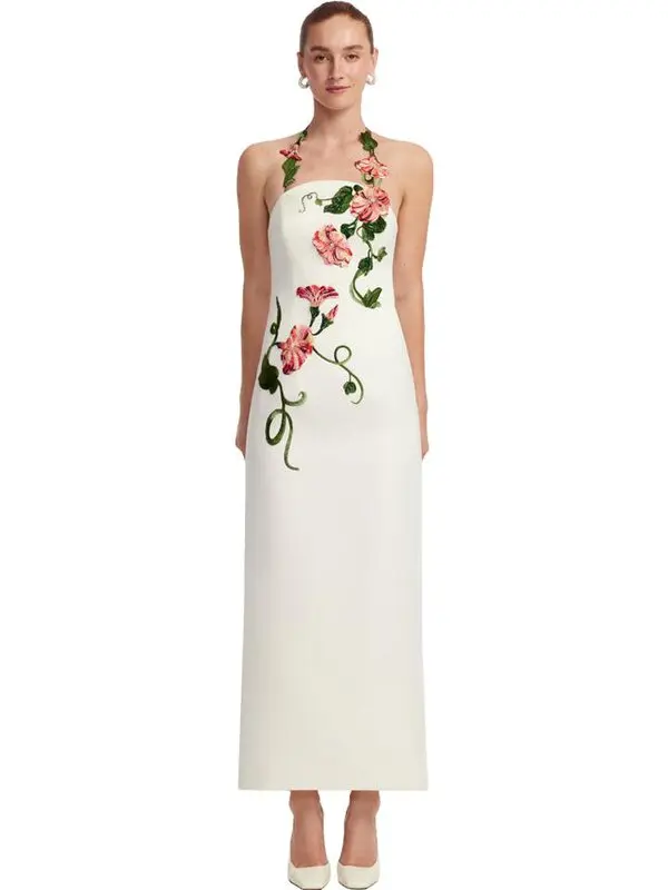 LEO LIN Ava Halterneck Appliqué Floral Bustier Maxi Dress - Vine Print In Snow